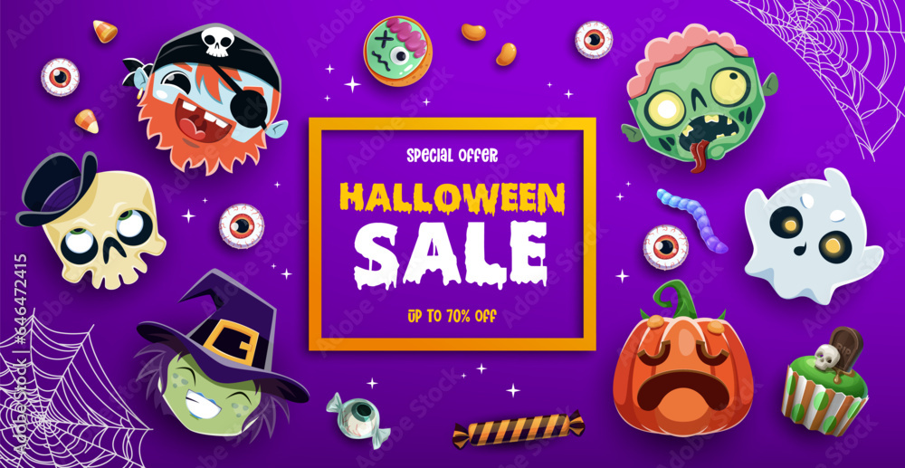 Halloween sale banner with cute holiday emoji faces of spooky pumpkin ...