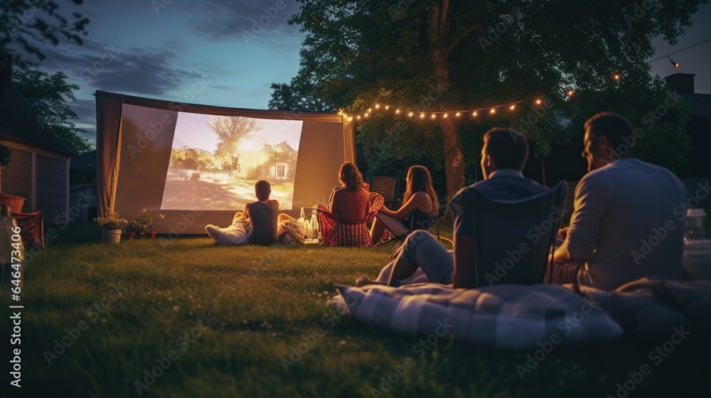 Outdoor Movie Night: Friends set up an outdoor movie screening with a ...