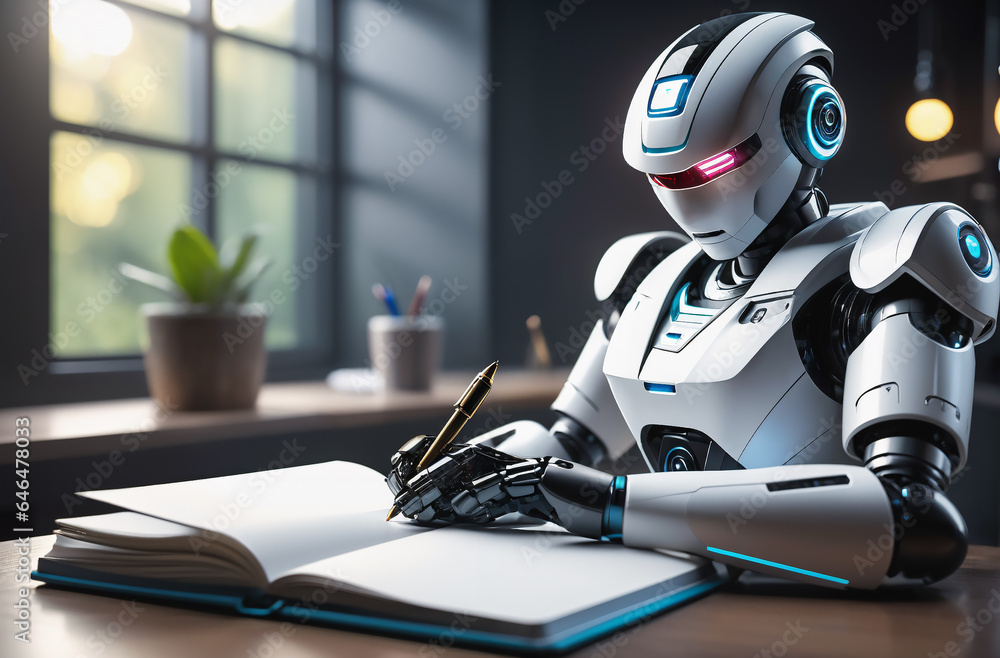 Artificial intelligence AI android robot writing notebook by the window ...