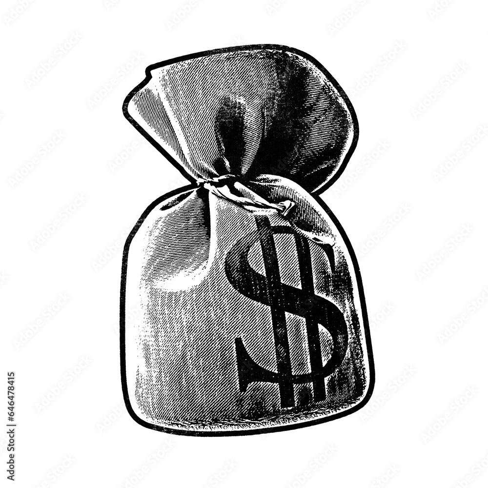 Bag of money retro stencil illustration with distressed grunge texture ...