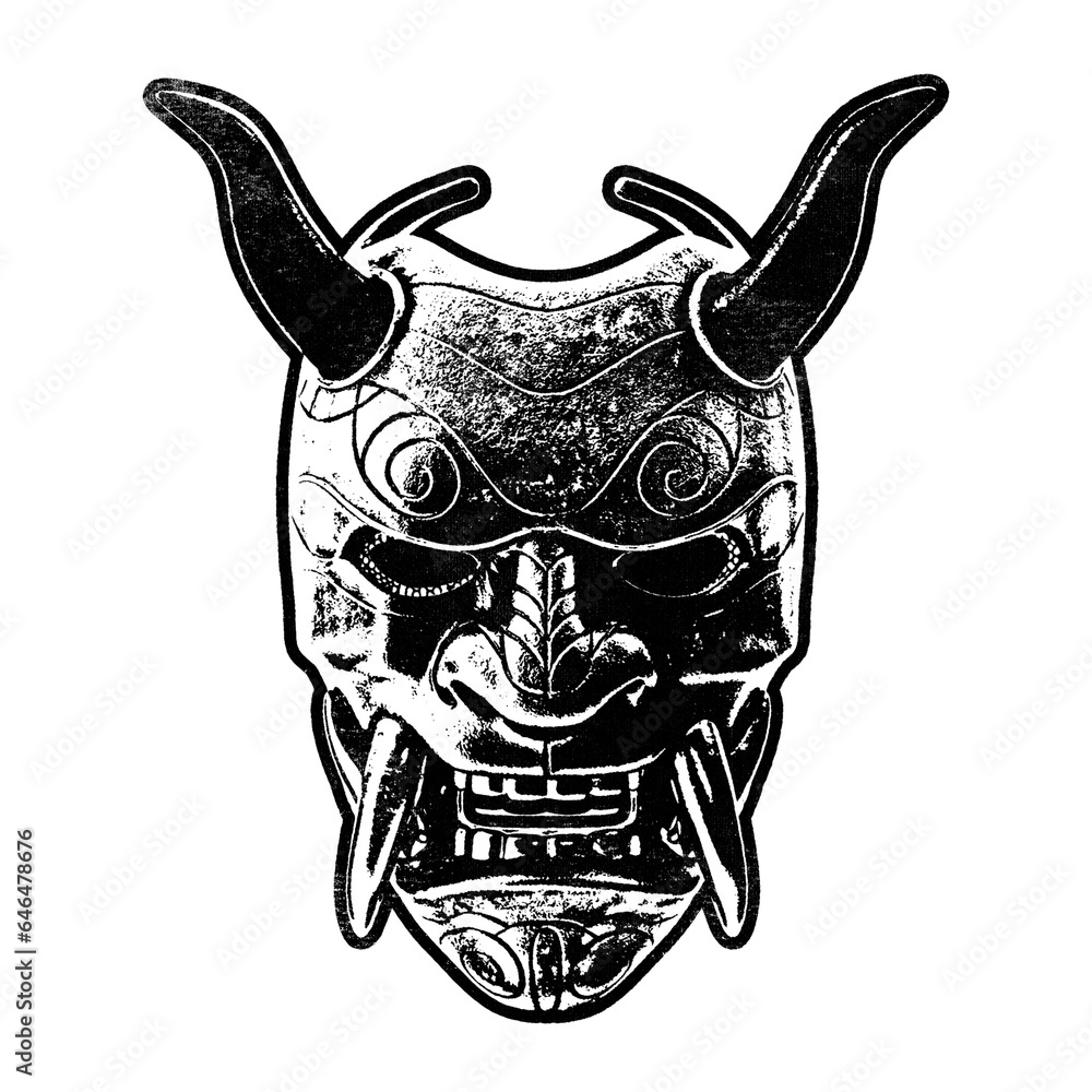 Japanese Oni mask retro stencil illustration stamp with distressed ...