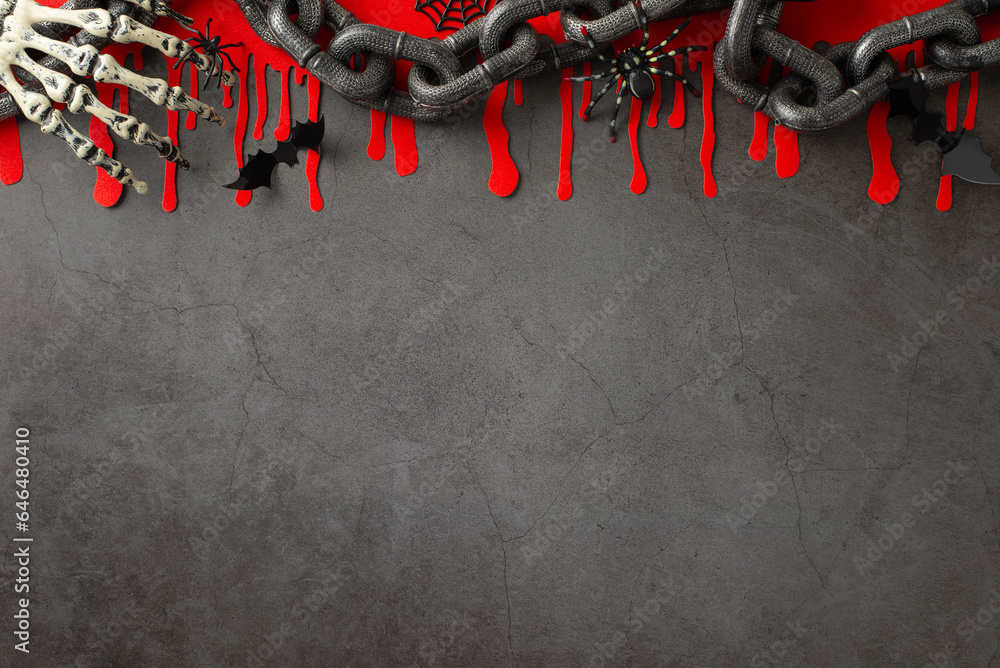 Macabre Halloween setup: Overhead photo highlighting thematic elements ...