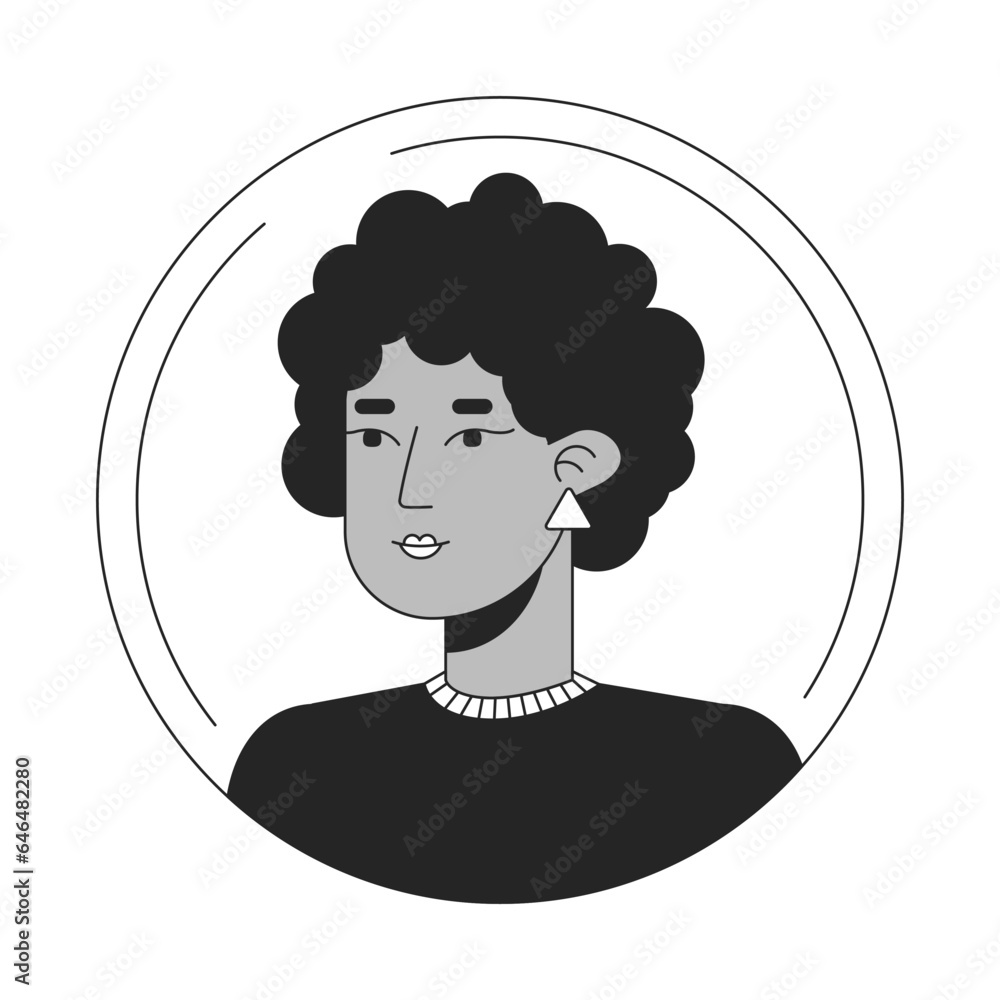 Dark haired afro woman black white cartoon avatar icon. Curly hair ...