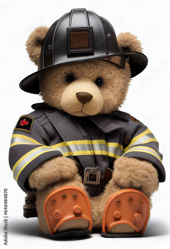 Teddy bear in firefighter uniform on white background. AI Generated ...