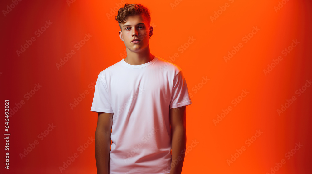 Young white male in white t-shirt, solid orange backdrop; perfect for ...