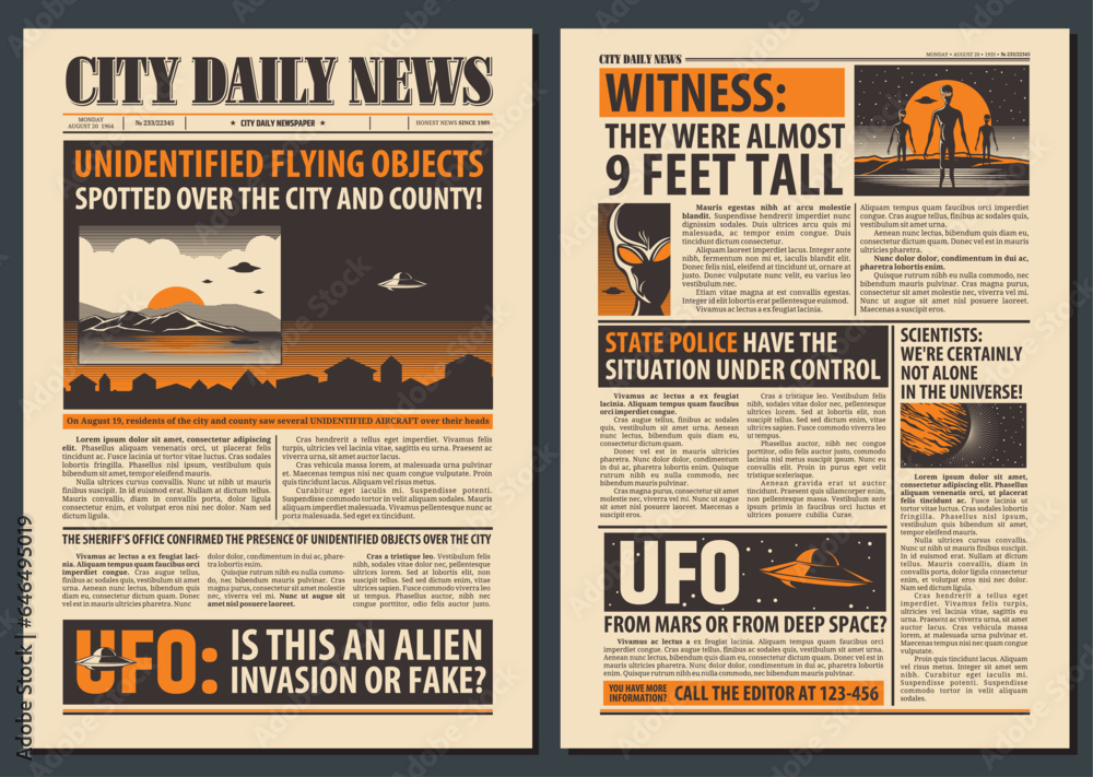 Newspaper template. Extraterrestrial alien, UFO and space planets on ...