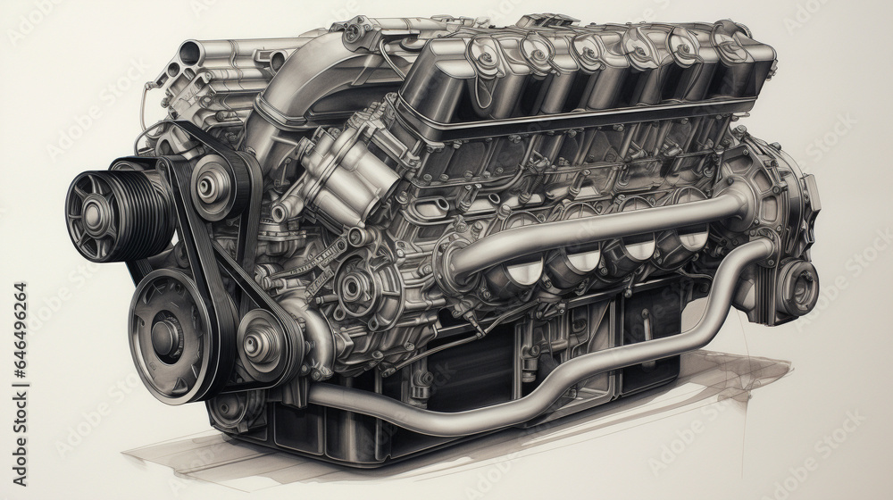 blueprint style technical drawing and illustration of a v8 engine gas ...