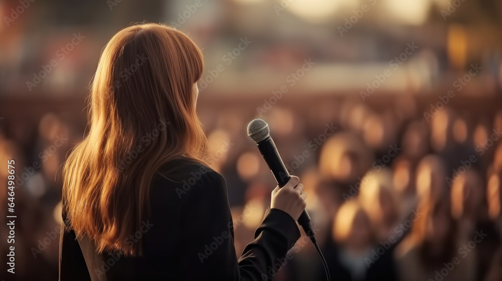 Speaker woman leader standing make a speech in front of microphone and ...