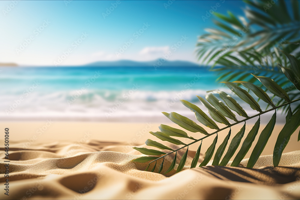 Tropical sea beach mockup template and palm leaf on seaside background ...