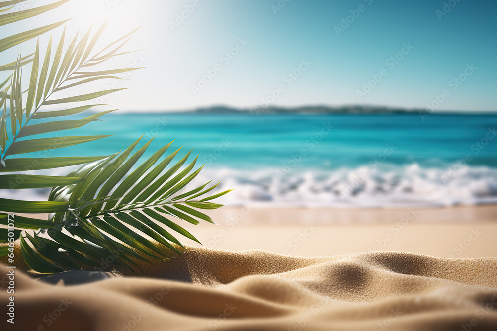 Tropical sea beach mockup template and palm leaf on seaside background ...
