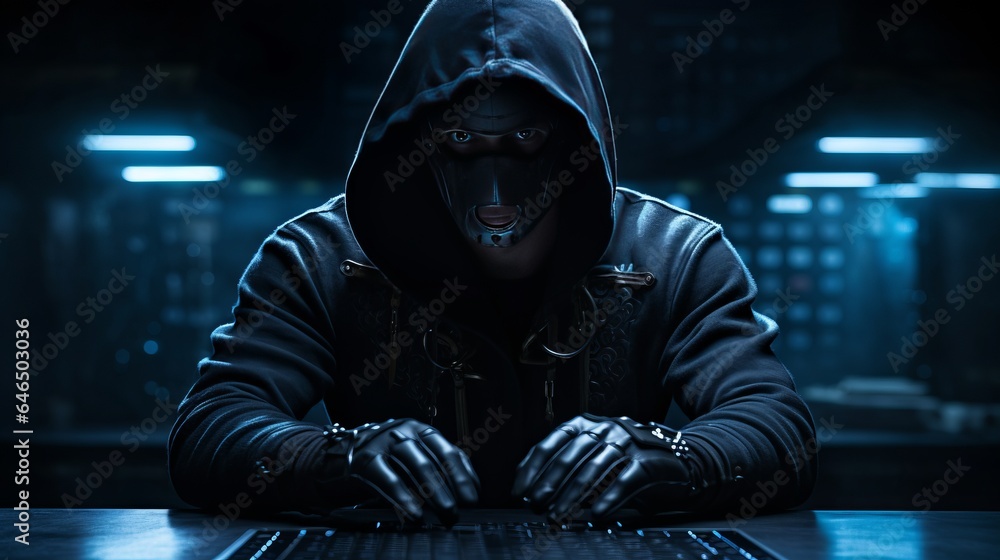Black hood hacker force demands ransom by holding out his hand on table ...