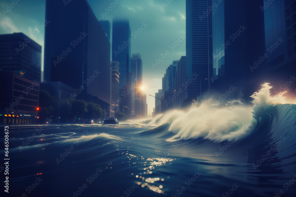 Global warming, sea level rise and coastal flooding. Waves flooding ...