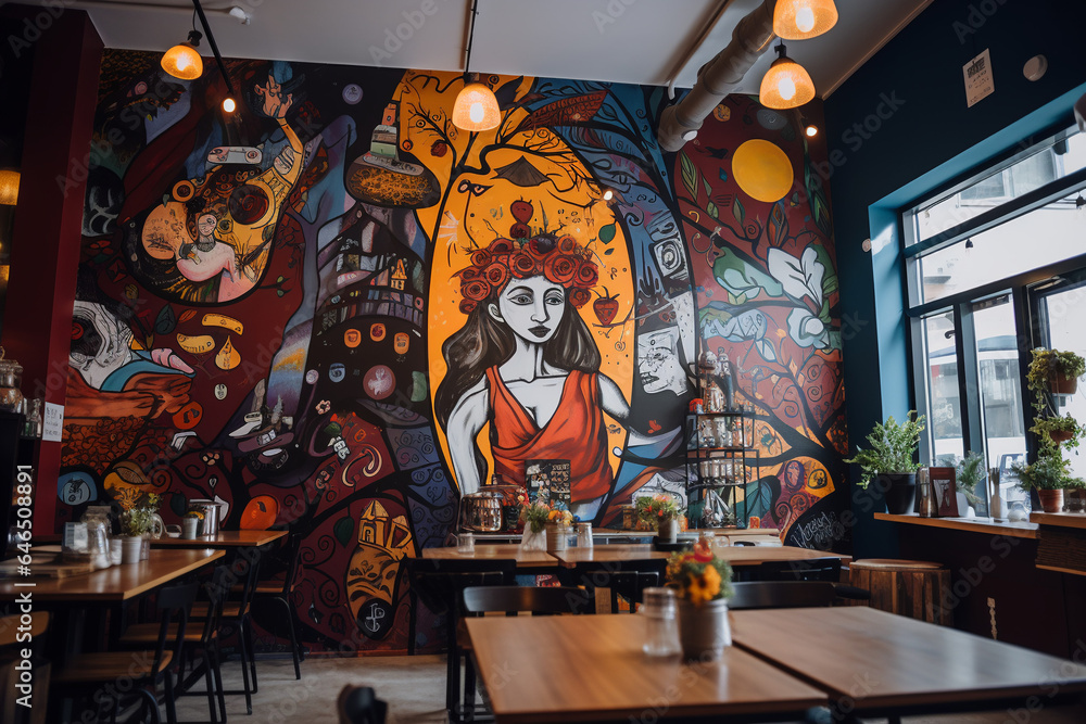 Cozy modern pastry shop with bright designs on the walls. Painting on ...