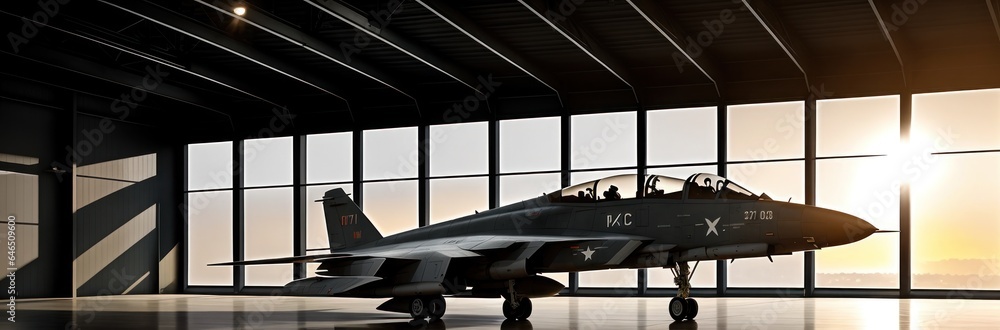 Interior view, a generic military fighter jet, parked, inside a ...