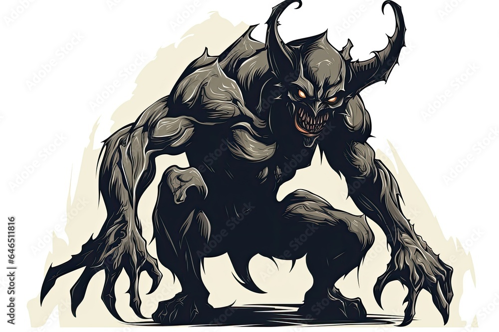 Demonic creature with muscular body and sharp claws in crouching ...