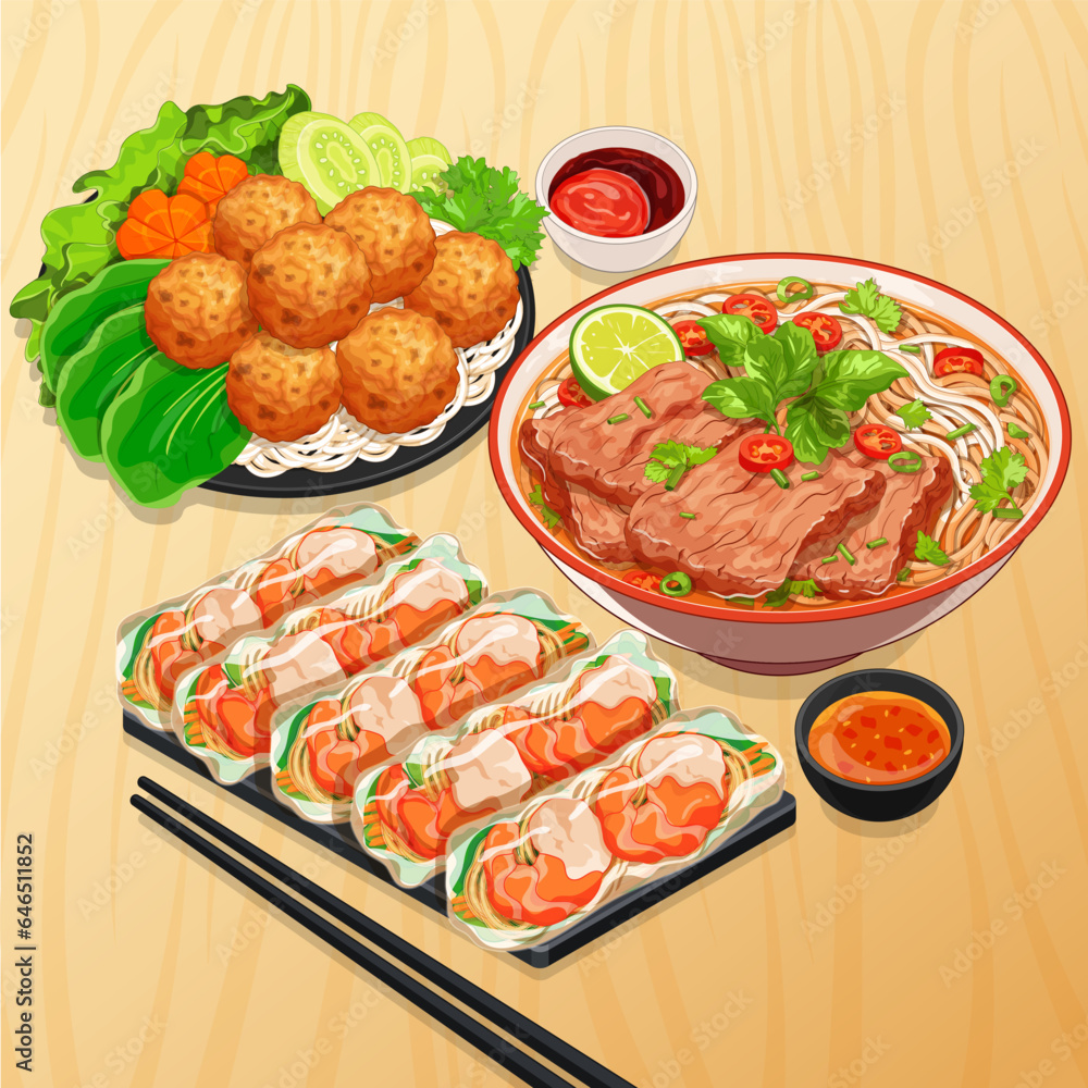 Vietnamese food menu banner vector. Pho vietnamese noodle. Fresh spring ...
