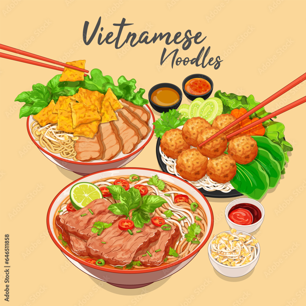 Vietnamese food menu banner vector. Pho vietnamese noodles. Vietnam ...