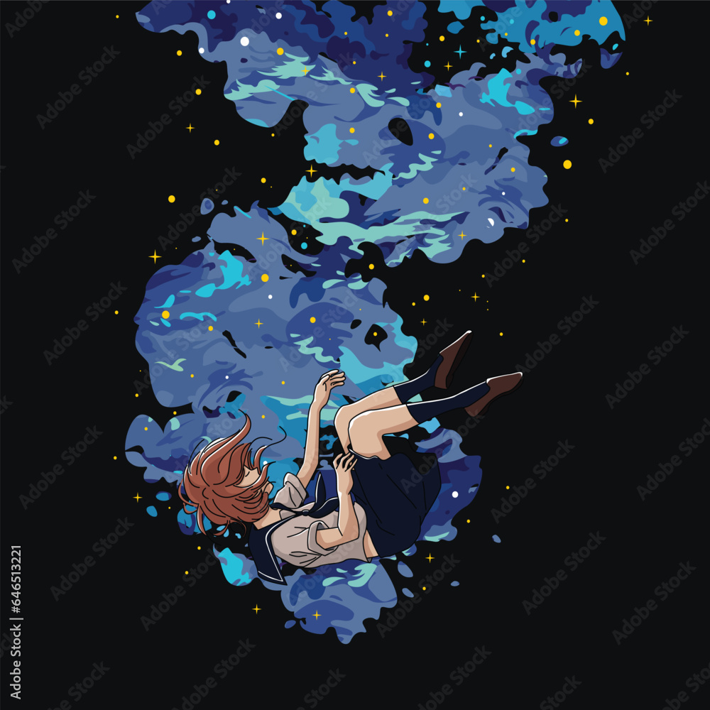 vector illustration of a school girl drowning at the bottom of the dark ...