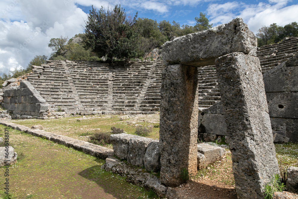 Damaged ruins of an ancient amphitheater close-up. Ruined walls, a ...