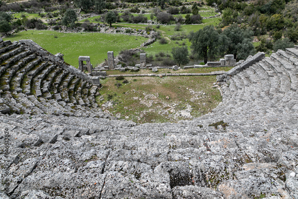 Full bowl of the ancient amphitheater of Pinara top view. Multi-level ...