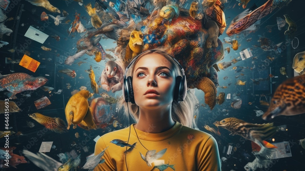 Overwhelming information data explode out of head of young human brain ...