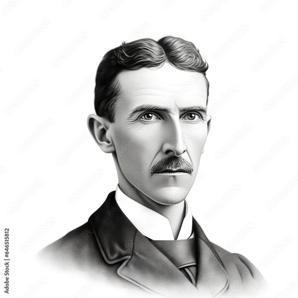 Black and white vintage engraving, headshot portrait of Nikola Tesla ...