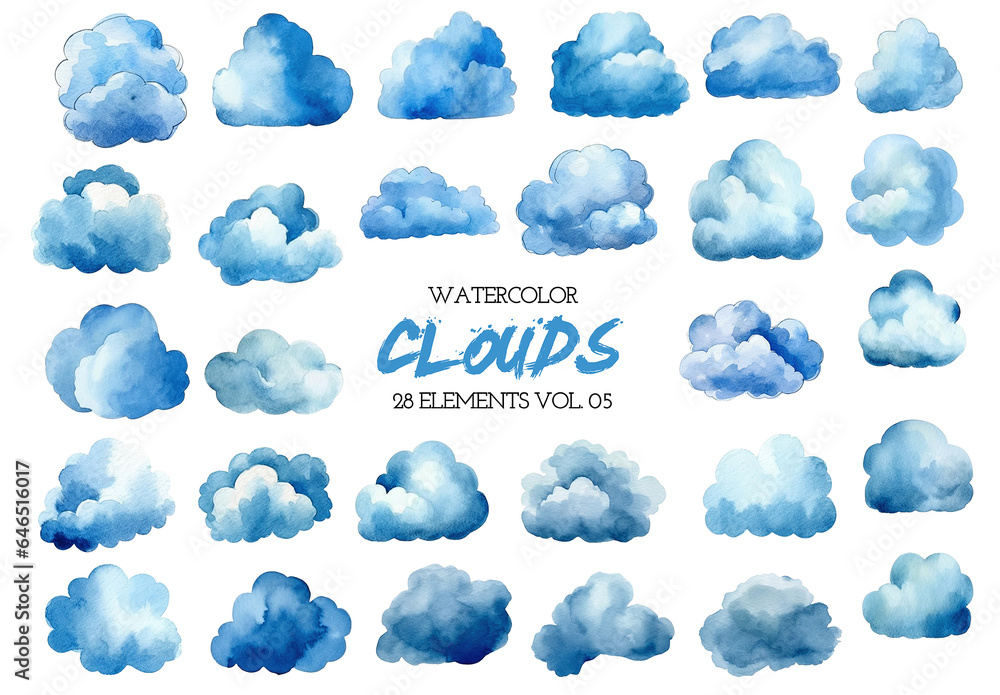 Watercolor painted blue clouds. Hand drawn design elements isolated on ...