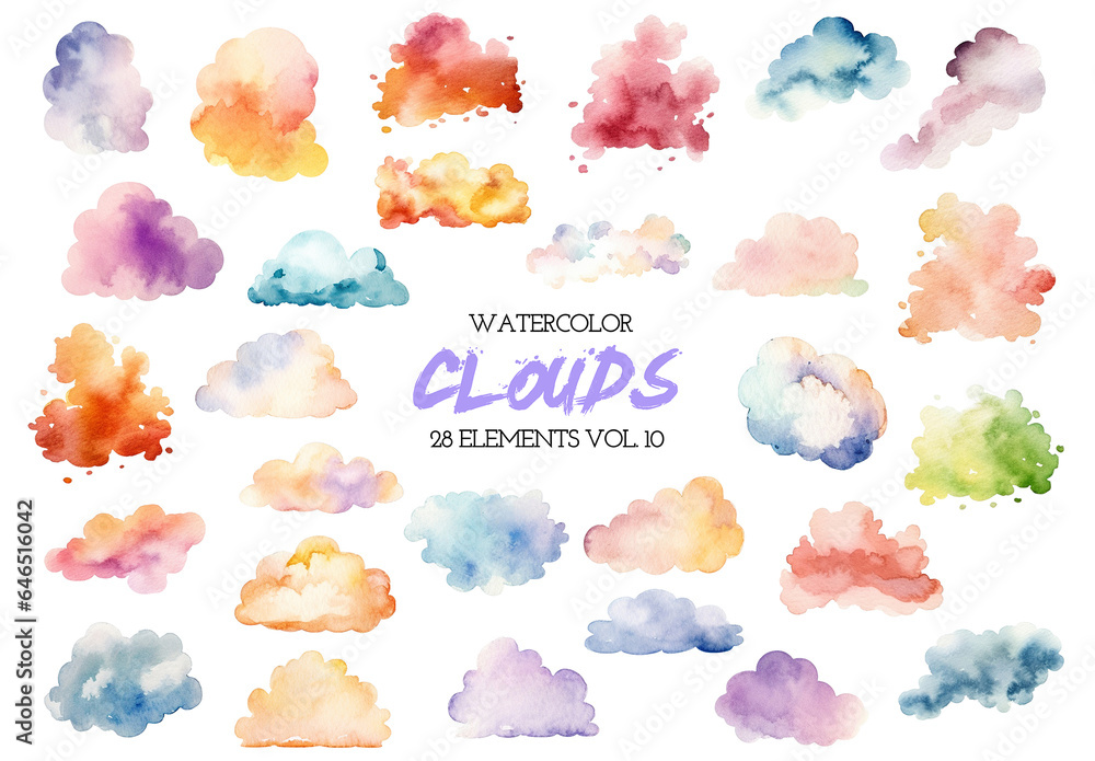 Watercolor painted colorful clouds. Hand drawn design elements isolated ...