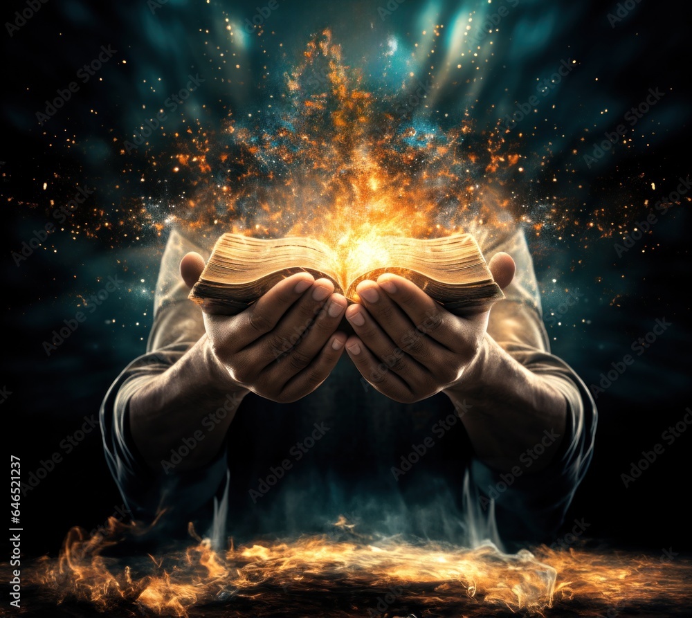 Illustration of hands holding a Bible the Word of God with golden ...