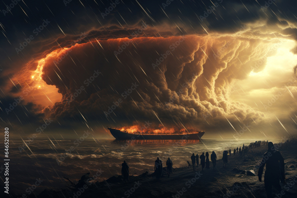 Illustration of a burning boat under a giant storm and many people ...