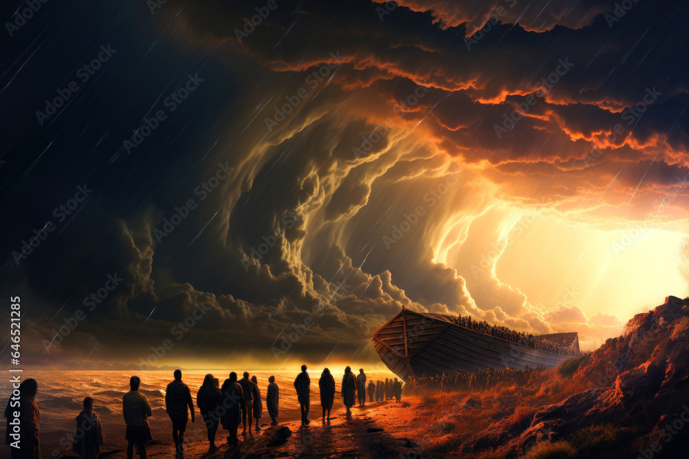 Illustration of a crowd of people fleeing to a giant boat due to the ...