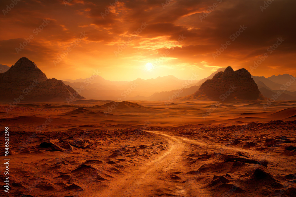 Landscape of a desert with no one sand and rocks view at sunset ...