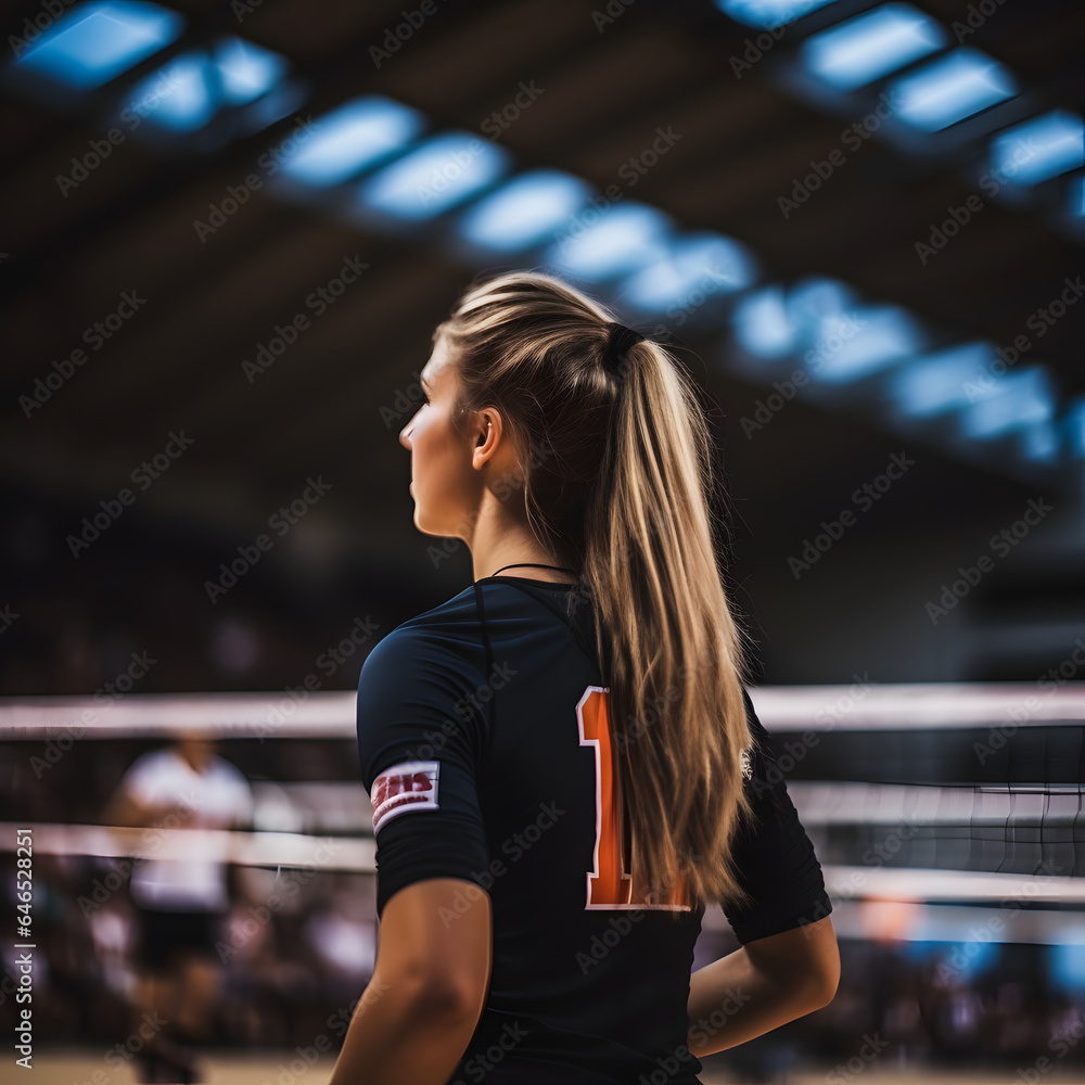 Volleyball player from behind standing at the field with Volleyball ...