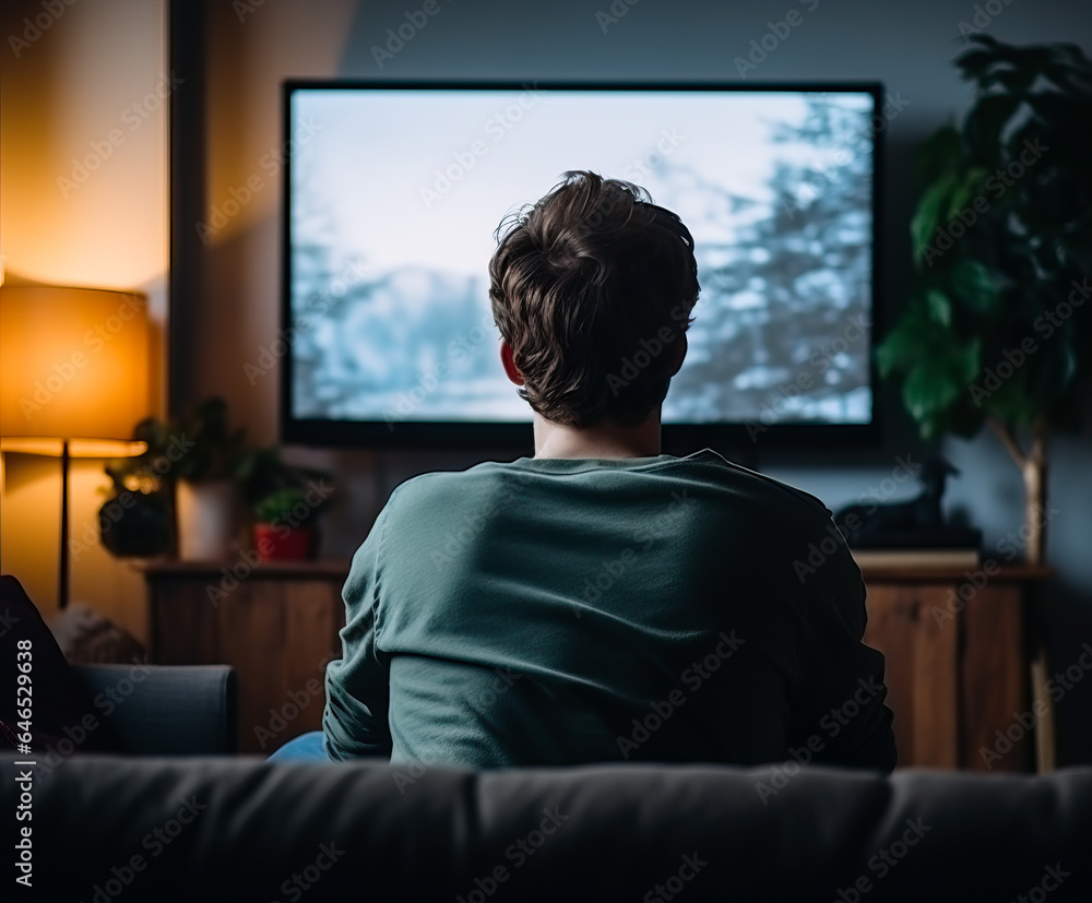 Man in a sofa staring at a TV on a wall. Concept of streaming, binge ...