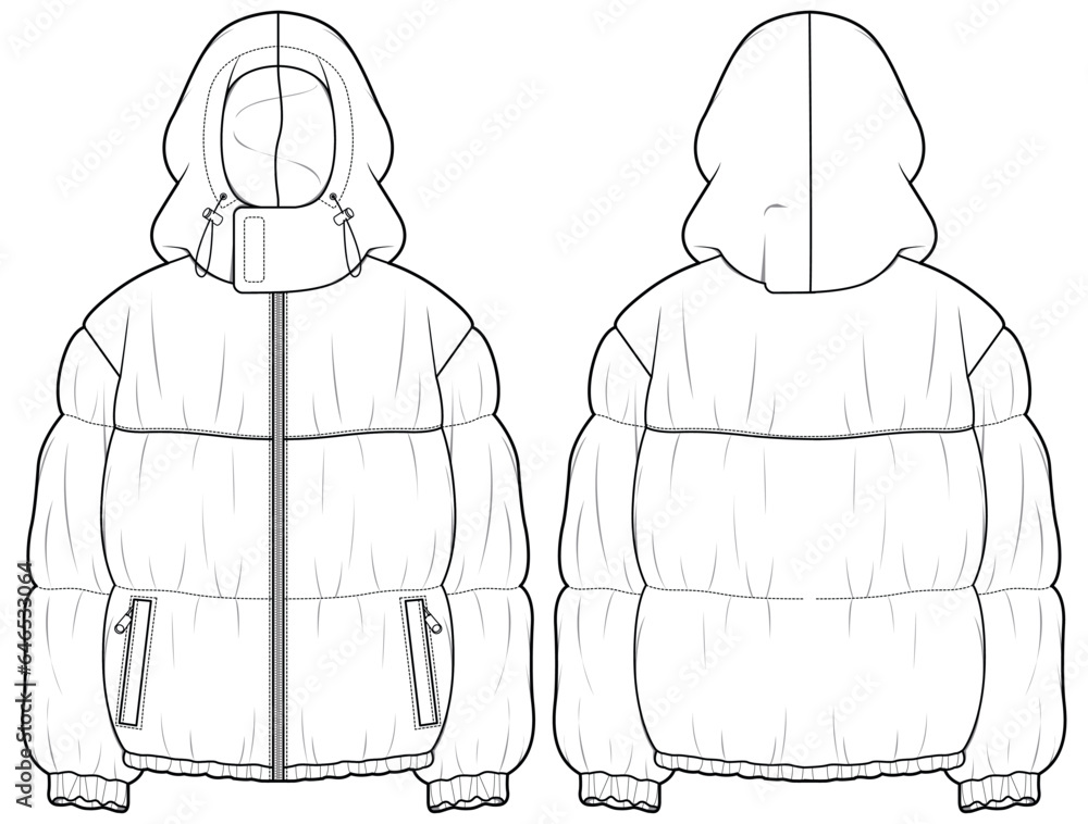 Poster Hooded Puffer jacket design flat sketch Illustration front and ...