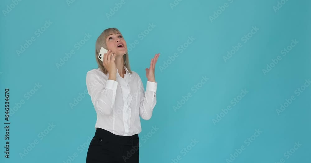 Enthusiastic woman is shown having an animated conversation on her ...