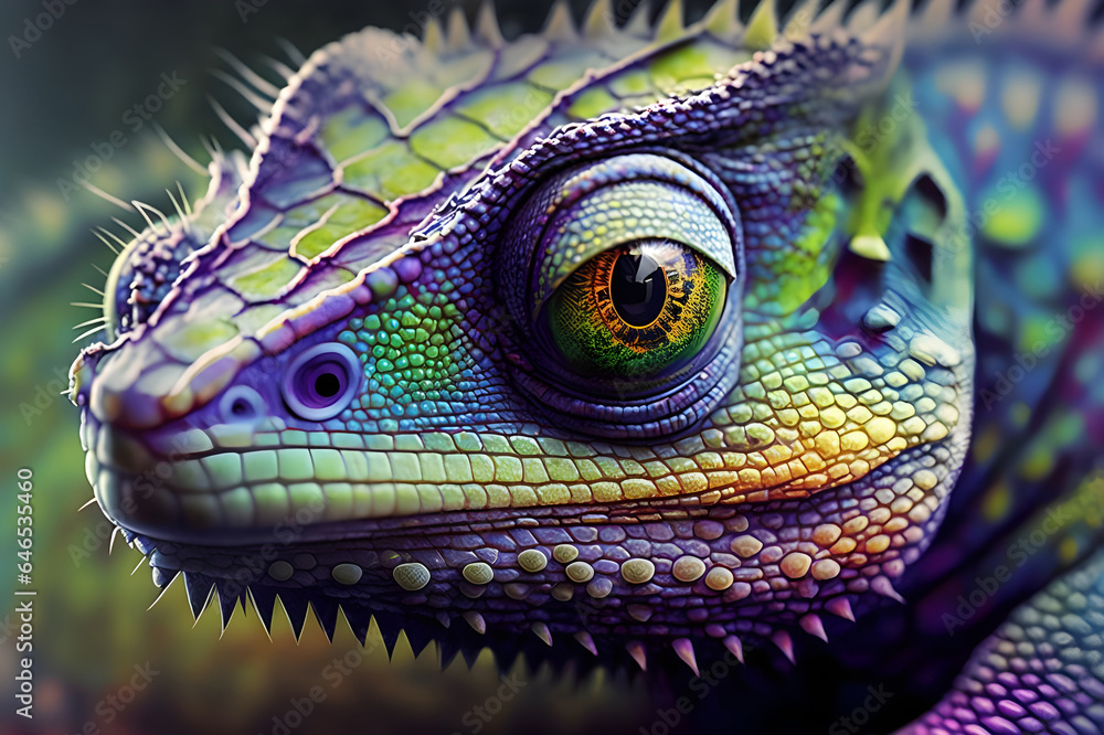 Purple chameleon close-up with big eye. Chameleon's head, digital ...