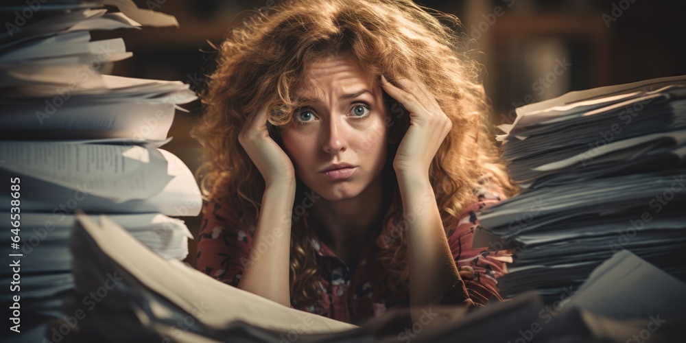 Businesswoman sitting and working hard at with front of computer and ...