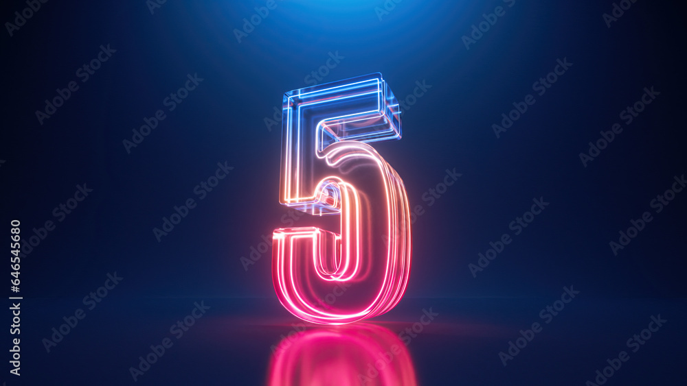 3d render, digital neon number five. Glass symbol with glowing linear ...