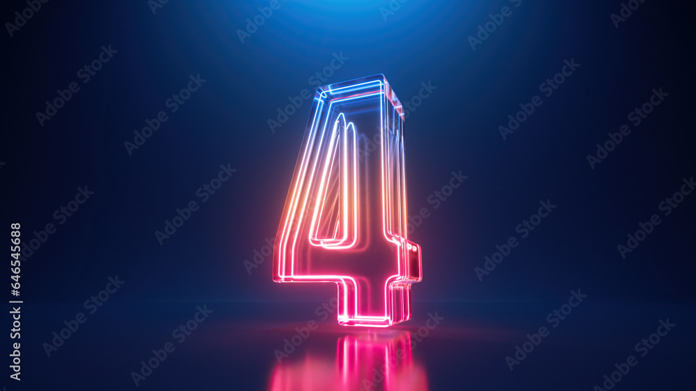 3d render, digital neon number four. Glass symbol with glowing linear ...