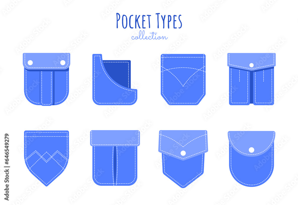 Pocket types set. Fashion and style. Elements of clothing, jeans ...