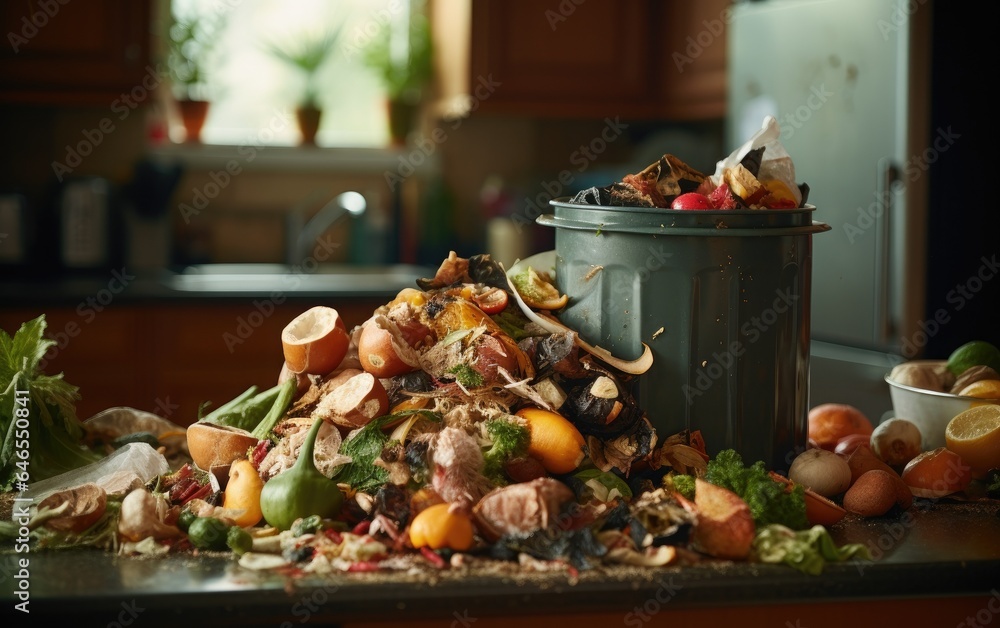 A compost bin filled with food scraps on a kitchen countertop ...