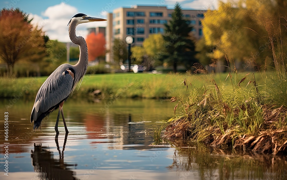 A great blue heron near a city pond, highlighting the return of water ...