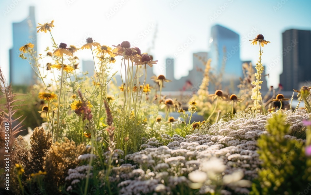 Rewilded rooftop garden on a city skyscraper, featuring native plants ...