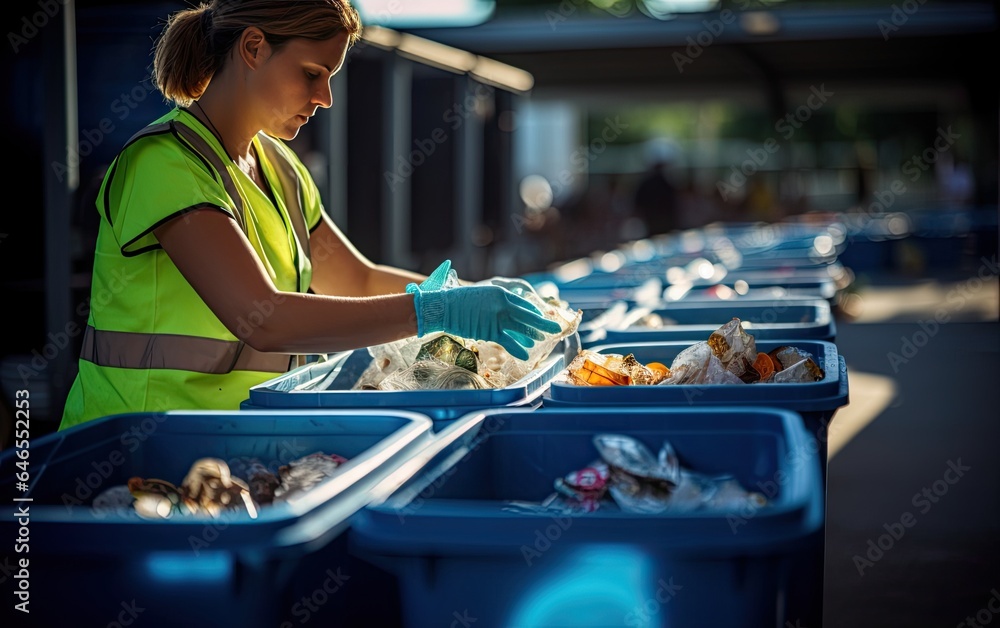 Foto de Female worker sorting recyclable materials into separate bins ...