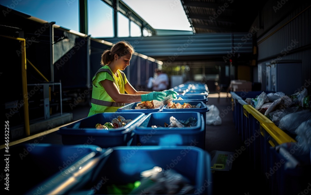 Female worker sorting recyclable materials into separate bins in a ...