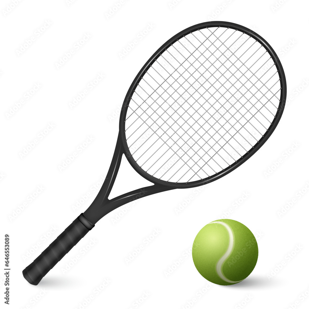 Vector 3d Realistic Tennis Ball and Tennis Racquet Closeup Isolated on ...
