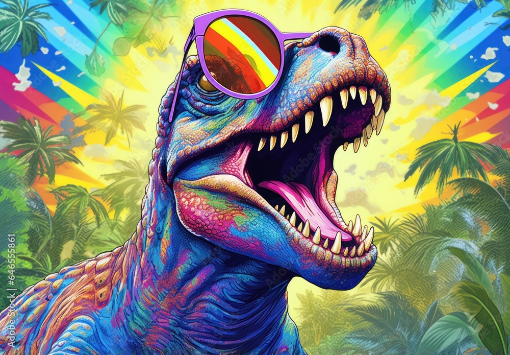 A toothy tyrannosaurus rex with glasses is painted. Close portrait of a ...