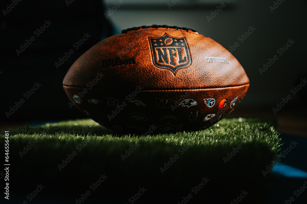 NEW YORK, USA, SEPTEMBER 11, 2023: NFL's Trademark: Leather Ball and ...