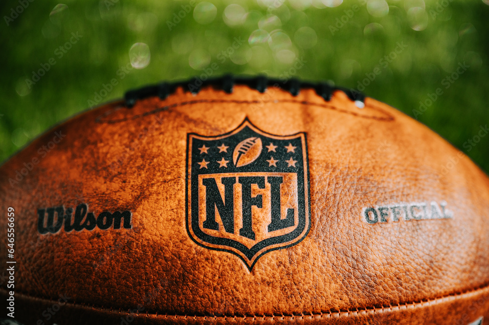 NEW YORK, USA, SEPTEMBER 11, 2023: NFL logo on leather ball. Official ...